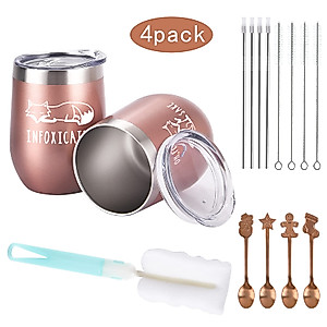 The Fox Series Wine Tumbler Set, 4 Pack, Infoxicated, Zero Fox Given, Oh for Fox Sake, Don't Fox with Me Wine Tumbler for Friends Mom Dad Wife Husband Sisters Family with Spoon, 12 Oz, Rose Gold