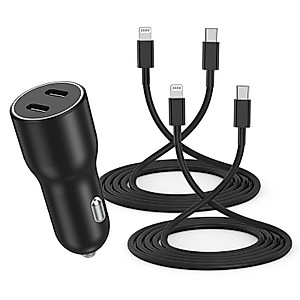 iPhone Fast Car Charger 3Ft, [Apple MFi Certified] 45W Dual USB C Port Power Delivery Car Charger with 2Pack 3ft USB C to Lightning Cable for iPhone 14 Pro/13 Pro Max/12 Mini/11 Pro/SE/X/8 Plus, iPad