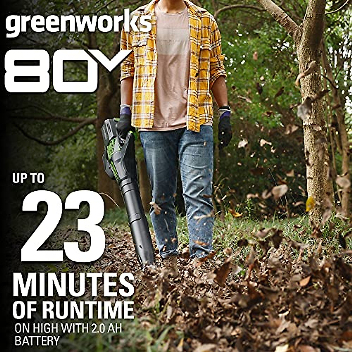 Greenworks 80V (150 MPH / 500 CFM / 75+ Compatible Tools) Cordless Axial Leaf Blower, 2.0Ah Battery and Charger Included