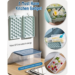 BEGIALO Ice Cube Tray, Round Ice Trays for Freezer with Lid and Bin, Circle Ice Mold Making 66 x 1.0IN Small Ice Balls,Sphere Ice Makers (New Blue)