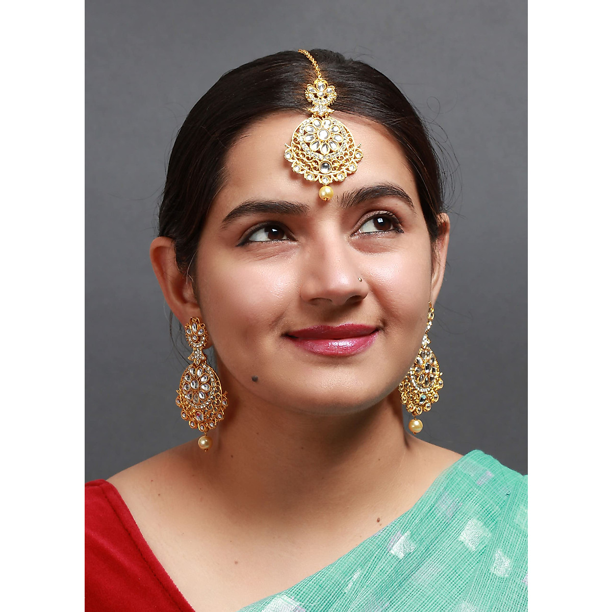 Bindhani Bollywood Fashion Kundan Stone Indian Drop Earrings With HeadPeice Maang Tikka Set For Women (Gold)