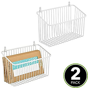mDesign Small Metal Wire Wall Mounted Storage Organizer Basket Bin for Hanging in Kitchen, Garage, Entryway, Mudroom, Bedroom, Bathroom, Laundry Room - Unity Collection - 2 Pack - White