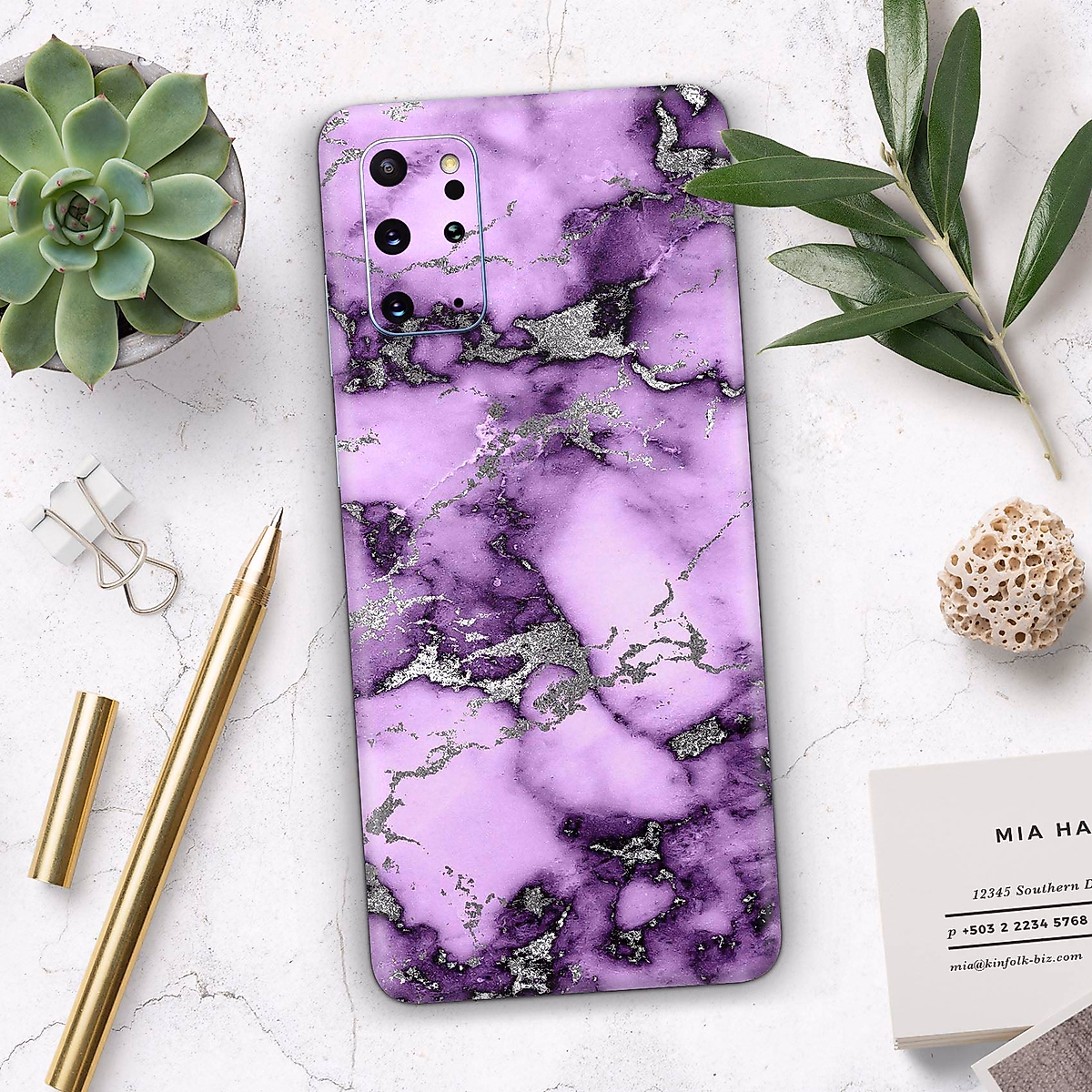 DesignSkinz Purple Marble & Digital Silver Foil V6 Protective Vinyl Decal Wrap Skin Cover Compatible with The Samsung Galaxy S20 (Screen Trim & Back Glass Skin)