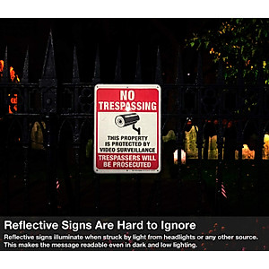 2 Pack No Trespassing Sign, Video Surveillance Signs, Trespassers Will Be Prosecuted Metal Reflective Sign, 10 x 7 Inches 0.40 Aluminum Indoor Or Outdoor Use for Home Business CCT