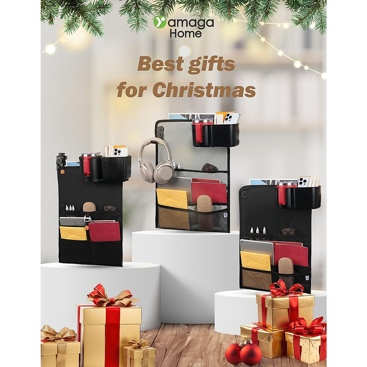 yamagahome Desk Cup Holder Clamp with Hanging Storage Bag, 2 in 1 Table Cup Holder Clip for Desk, Anti-Spill Tableside Cup Holder with Hanging Organizer for Home Office, College Dorm Rooms, RV