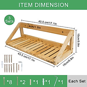 ONEHAUS Floating Shelves Wall Mounted, 3 Pcs Solid Bamboo Wall Hanging Rack Holder, Wall Storage Shelves for Bedroom, Living Room, Bathroom, Kitchen, Office Decor