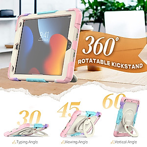 SEYMAC stock Shockproof Case with Pencil Holder & Screen Protector [360 Ring Handle Stand] Tablet Case for iPad 9th/8th/7th Generation 10.2 inch (Colorful Pink)