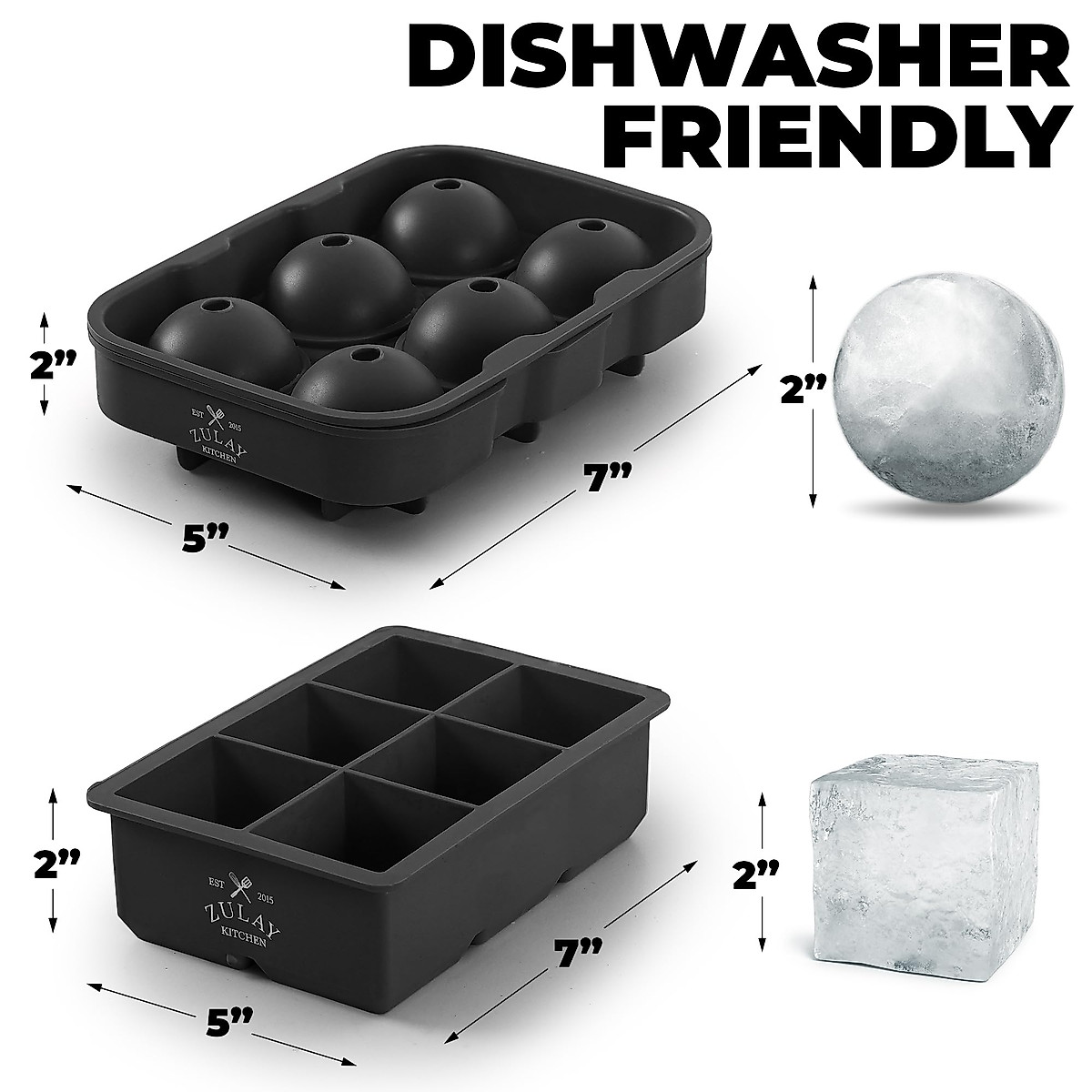 Zulay Kitchen Silicone Ice Cube Trays Set of 2 - Large Square Ice Cube Molds and Sphere Ice Ball Maker with Lid - Reusable Ice Mold For Whiskey, Cocktails, Bourbon (Black)