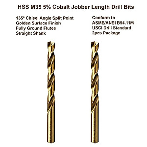 MAXTOOL 23/64" 2pcs Identical Jobber Length Drills HSS M35 Twist Drill Bits 5% Cobalt Fully Ground Golden Straight Shank Drills; JBF35G10R23P2