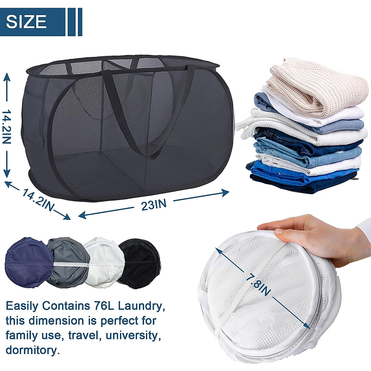 Violinak 4 Pack Collapsible Laundry Baskets Dual Compartment, Mesh Pop Up Hamper with Easy Carry Handles, Foldable laundry hamper for College Dorm, Kids Room, Laundries and Travel, toy storage basket