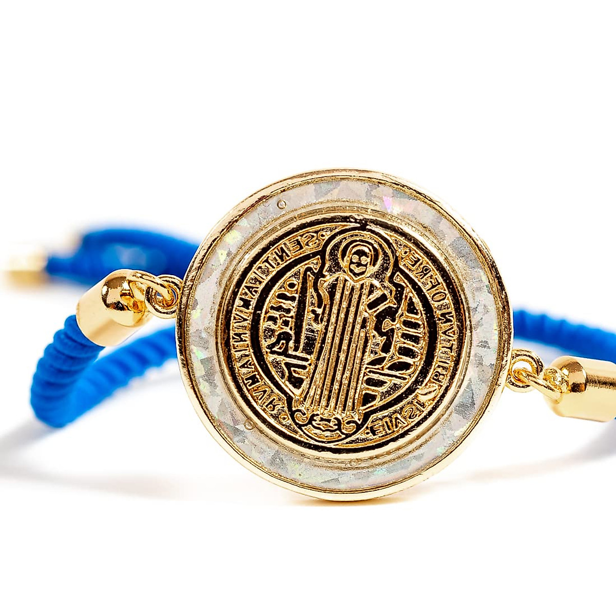 Alea Collection Catholic Blessed Saint Benedict Medal 18K Gold Plated Bracelet Blue String Religious Jewelry