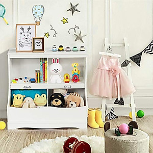 Costzon 4-Cubby Kids Bookcase with Footboard, Name Card, Multi-Bin Children's Toys Storage and Organizer Book Shelf Display, Wooden Toy Box Chest Cabinet for Kids Room Playroom Bedroom Nursery (White)