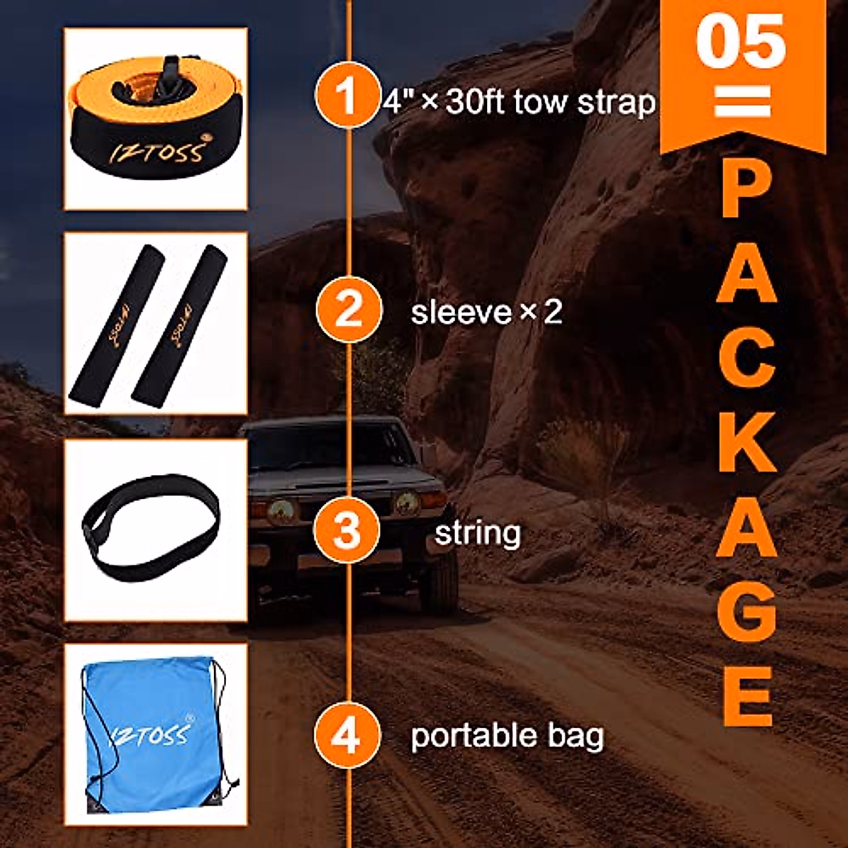 Iztoss 3"×30' Tow Strap Heavy Duty 30 feet Break Strength 35,000 lbs Double Reinforced Webbing Recovery Tow Rope Kit, Winch Snatch Strap (30 Feet Tow Strap)