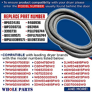 Whole Parts Dryer Door Seal Part# W10906683 - Replacement and Compatible with Some Crosley, Kenmore and Whirlpool Dryers