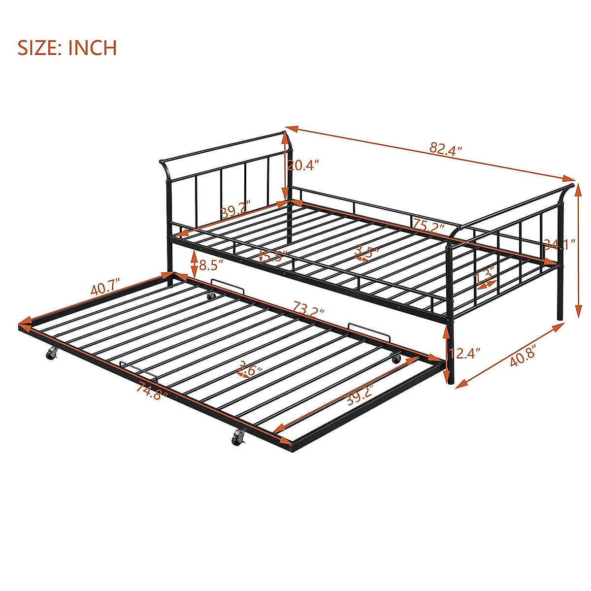 Full Size Daybed with Trundle Twin, Heavy Duty Daybed with Curved Handle and Slats, Metal Daybed for Kids, Girls, Boys, No Box Spring Needed, Black Day Bed Full Size