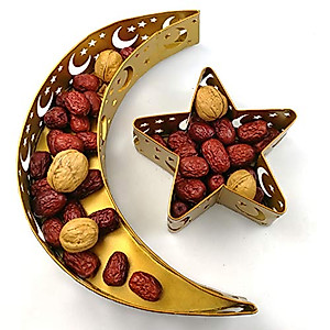 PRETYZOOM 2pcs Crescent Moon Star Tray Ramadan Eid Mubarak Trays Platters Moon Star Dinner Plate Tableware Dessert Food Serving Tray Ramadan Muslim Islamic Party Supply Golden