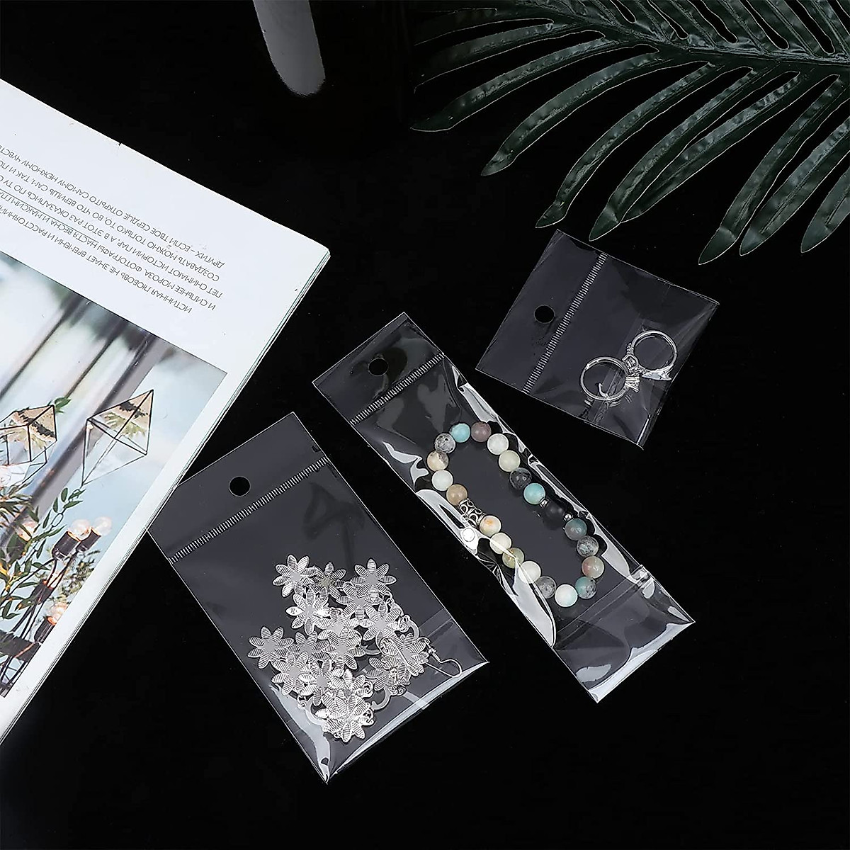 600 Pieces Self-Sealing Bag with Hang Hole 6 Sizes Clear Hanging Bags Resealable Cellophane Bags Clear Adhesive Plastic Bags for Packaging Jewelry Necklaces