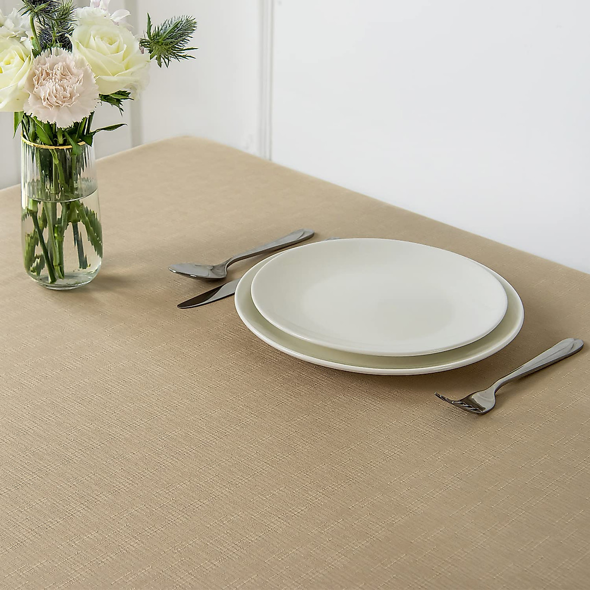 maxmill Faux Linen Textured Rectangle Tablecloth Water Resistant Wrinkle Free Spill-Proof, Soft Table Cloth for Dining Room Decoration, Banquet Parties Event Holiday Dinner, 60 x 84 Inch Beige