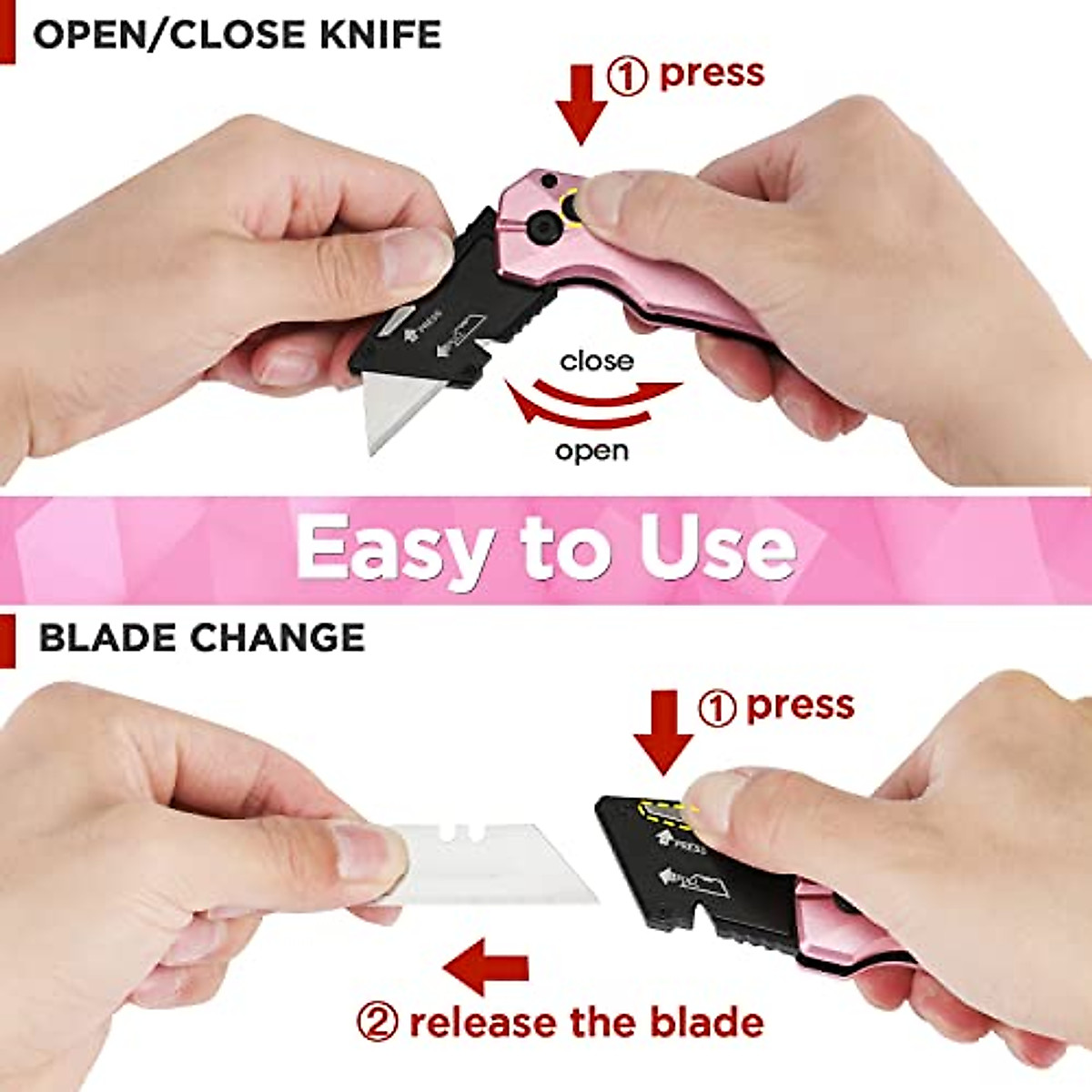 WORKPRO Folding Utility Knife, Quick Change SK5 Pink Box Cutter, Aluminum Handle Razor Knife for Boxes, Cartons, Cardboard, 10 Extra Blades Included - Pink Ribbon