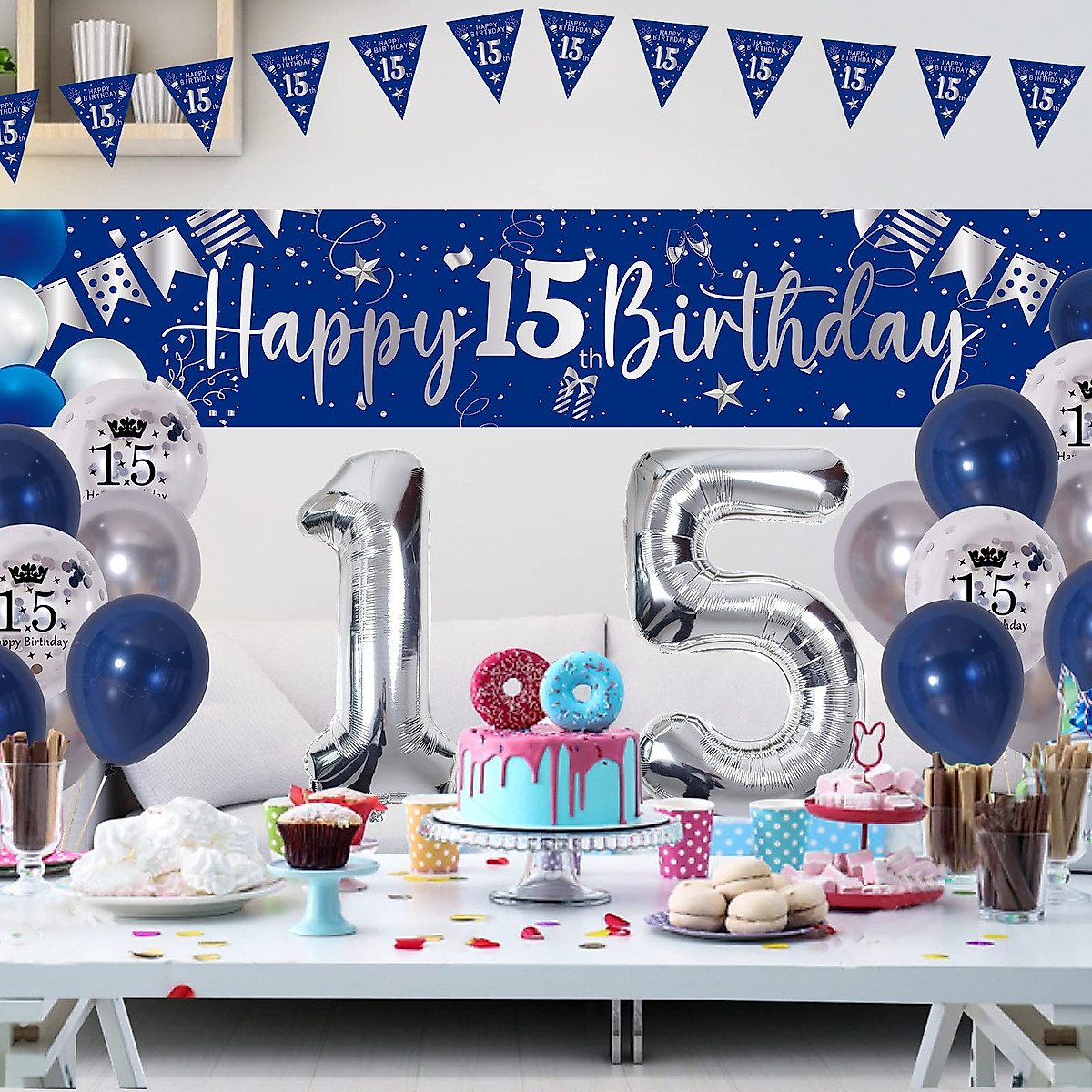 15th Birthday Decorations for Boys and Girls Blue, Happy 15th Birthday Backdrop Banner Balloons 15 Years Old Party Supplies with HAPPY BIRTHDAY Banner Silver 15 Birthday Decor 15th Bday Women Her Him