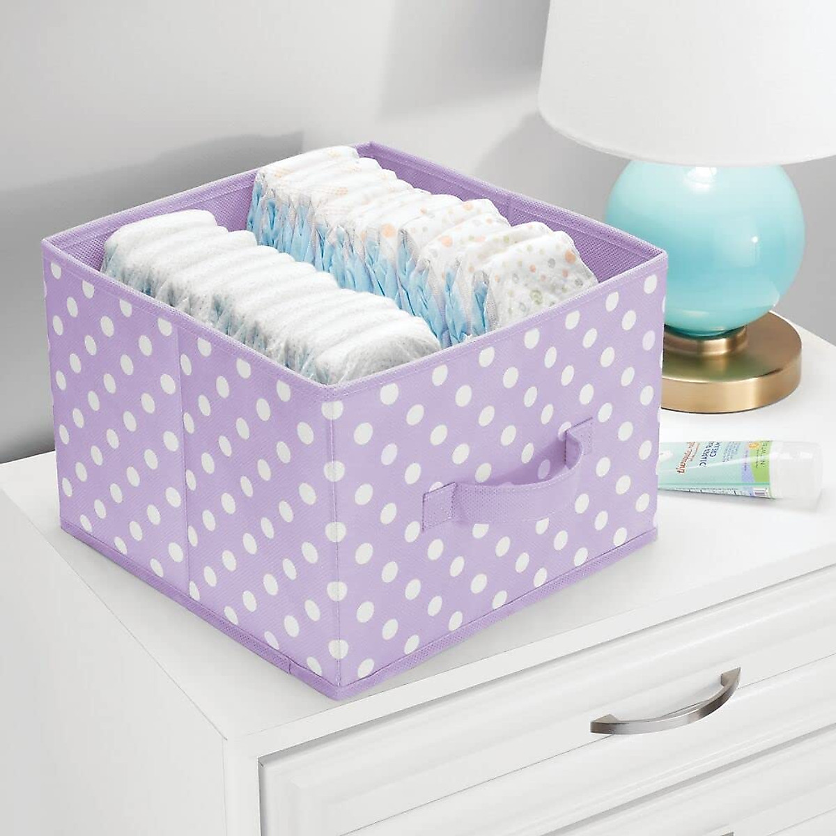 mDesign Fabric Bin for Cube Organizer - Foldable Storage Cube - Collapsible Closet Storage - Cloth Bin Box for Child/Kids Bedroom, Nursery, Toy Room - Polka Dot Print - 10 Pack - Light Purple/White
