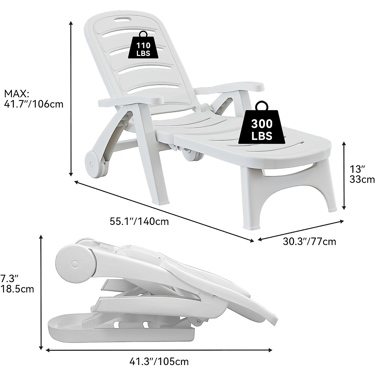 YITAHOME Outdoor Chaise Lounge on Wheels, Set of 4 PP Plastic Folding Patio Chairs with 5-Level Adjustable Backrest for Pool, Garden, Beach, Sunbathing, Yard, and Poolside Lounging