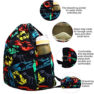 RHCPFOVR Drawstring Backpack for Kids - Dinosaur Bags for Girls Gym Dance Beach Swim Travel Bag With Two Water Bottle Holder