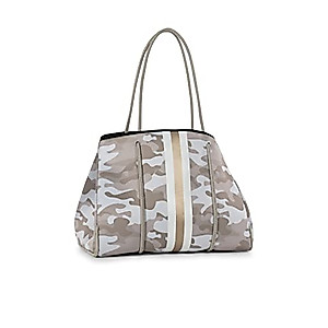 Haute Shore - Greyson Sahara Neoprene Tote Bag wZipper Wristlet Inside, Beige Camo WWhite & Rosegold Stripe