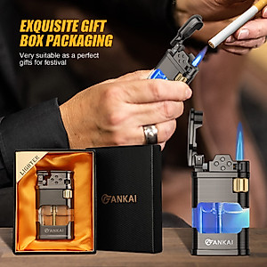 Torch Lighter with LED Light,FANKAI Butane Lighter Single Jet Flame-Butane Torch Lighter with 6PCS Replaceable Flints,Refillable Cool Lighters with ABS Fuel Tank,Retro Grinding Wheel Windproof Lighter