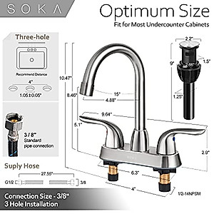 SOKA Centerset Bathroom Sink Faucet Two Handles High Arc 4" Lavatory Bath With Deck Plate & Pop-Up Drain Fit 3 Hole Installation, Brushed Nickel (SK18001NY)