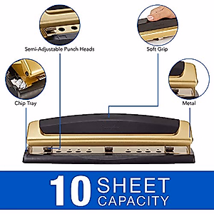 Swingline Desktop Hole Punch, Hole Puncher, Precision Pro, Adjustable, 2-3 Holes, 10 Sheet Punch Capacity, Black/Gold (74086)