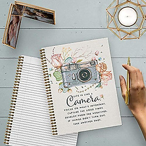 Softcover Camera 8.5" x 11" Motivational Spiral Notebook/Journal, 120 College Ruled Pages, Durable Gloss Laminated Cover, Gold Wire-o Spiral. Made in the USA