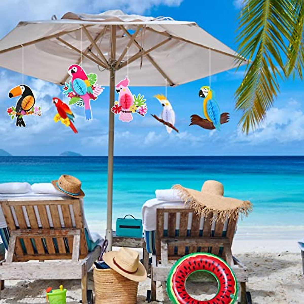 KESOTE 6 Pieces Hawaiian Tropical Parrot Bird Honeycomb Hanging Party Decorations, Summer Tiki Bar Party Decor, Rainforest Decorations Garden Yard Room Decor