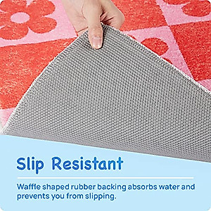 Snack Break | Cute Red Flower Checkered Rug for Bathroom, Bedroom, and Living Room | Non-Slip Backing | Ultra Soft Machine Washable Microfiber