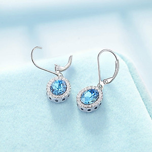 AOBOCO Halo Earrings Sterling Silver Leverback Earrings with Simulated Aquamarine March Birthstone Crystal from Austria, Hypoallergenic Simulated Aquamarine Jewelry Earrings Gifts for Women