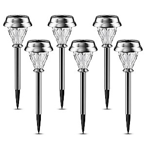 DAMAYCA 6 Pack Solar Lights Outdoor for Garden Pathway Walkway Driveway Sidewalk Yard Stainless Steel Glass Landscape Lights Solar Powered for Landscape Lighting. (Silver, Warm Light)