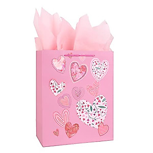12.6" Large Gift Bag with Tissue Paper, Gift Bag with Love Design for Valentine’s Day, Mother’s Day, Anniversary, Sweetest Day and More. (Scattered Hearts)