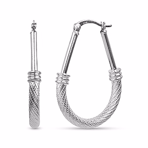 LeCalla Sterling Silver Hoop Earrings Classic Diamond-Cut Italian Design Textured High-Polish Oval Hoops Earring for Women 35mm