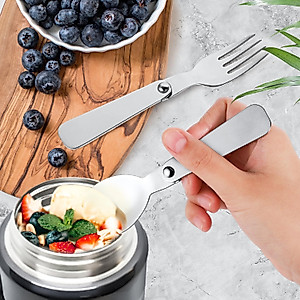 BOXOB 2pcs Folding Spoon & 2pcs Foldable Forks for Thermos Funtainer 10oz Food Jars, Portable Replacement Stainless Steel Spoons Forks for Travel Camping Picnic Outdoor Activities