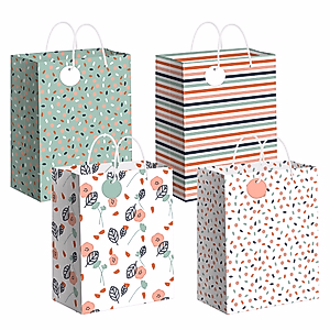 Cute Assorted Birthday Gift Bags - Set of 4 - 10" Medium Size Gift Bags With Handles & Name Tags - Floral, Striped, and Confetti Everyday Gift Bags - Pink & Green Gift Bags For Women. Perfect for Easter, Mothers Day, Birthdays, Baby Showers, Bridal Shower