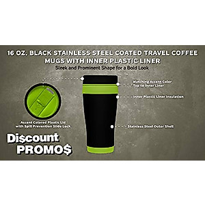 DISCOUNT PROMOS 16 oz. Black Steel Travel Coffee Mugs - 10 pack - Lime Green