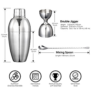 Premium Cocktail Shaker Set with Built in Strainer, Double Jigger, Mixing Spoon, Liquor Pourers, for Home, Bars, Parties, Professional Bar Tools