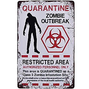 Flytime Warning Restricted Area Quarantine Zombie Outbreak Vintage Tin Signs Retro Metal Plate Wall Decor Funny Coffee Bar Signs 8X12Inch