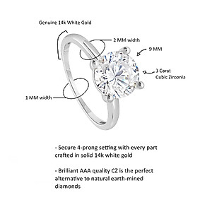 MAX + STONE 3 Carat Round Cubic Zirconia Solitaire Engagement Ring for Women | 14k Gold Engagement Ring | Simulated Diamond Ring | White Gold CZ Engagement Ring Size 8
