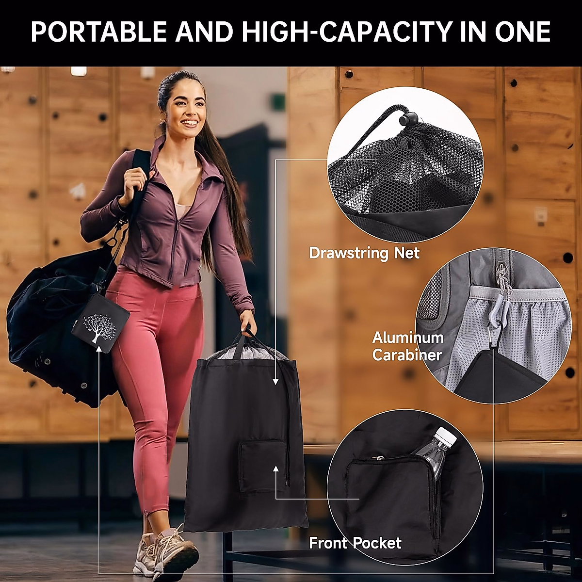 Cleadus 2 Packs Travel Laundry Bags, Foldable Dirty Clothes Bag 【Upgraded】 with Drawstring Mesh, Handles, and Carabiner, Portable, Suitable for Travel, Gym, Camping (Black)