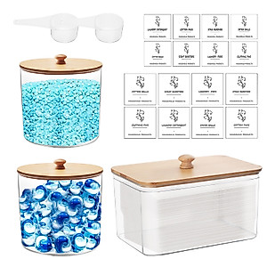 3 Pack Laundry Pods Container Dryer Sheet Holder, Containers for Laundry Room Organization and Storage Jars with Lids & Labels for Detergent, Pods, Scent Booster, Beads, 2 Spoons (Round+Square)