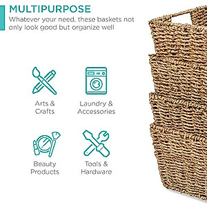 Best Choice Products Rustic Set Of 4 Multipurpose Stackable Seagrass Storage Basket, Handwoven Laundry Organizer Totes for Bedroom and Living Room, Shelves, Pantry w/Insert Handles - Natural