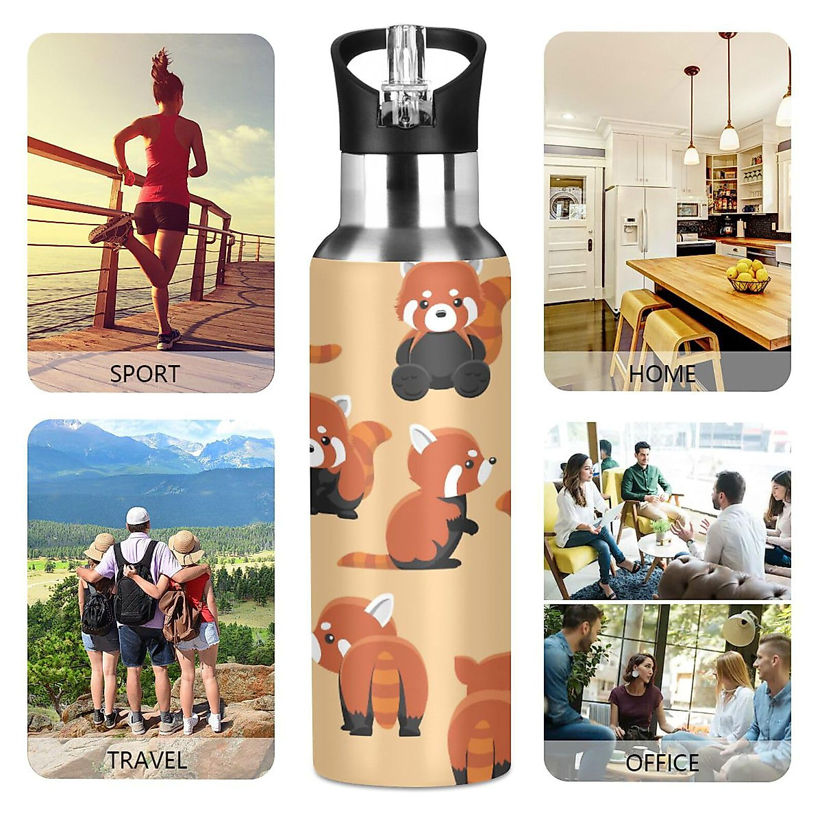 Dussdil Cute Red Panda Water Bottle Kid's Vacuum Insulated Tumblers Stainless Steel Cup BPA Free with Handle Straw Lid for Boys Girls Gifts 20 Oz