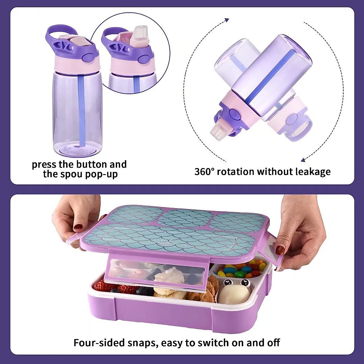 BDBKYWY Unicorn Lunch Box Lunch Bag Set - Insulated Lunch Bag with 4 Compartment Bento Box Ice Pack Water Bottle Silicon Cap Spoon Salad Container for Lunch Kid's School Supplies Ideal for Age 7-15