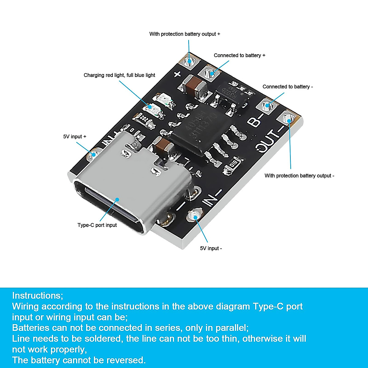 XIITIA 20pcs Mini USB Type C 3.7V Lithium Battery Charger Board 4.2V Charging Module with Protection Circuit and LED Charge Indicators(Type-C Port)